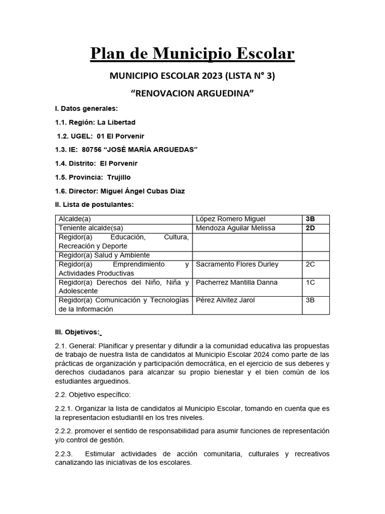 Plan Municipio Escolar 2023 Arguedina | PDF