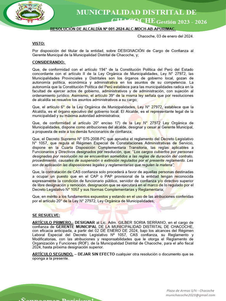 Designación de Gerente Municipal en Chacoche | PDF | Gobierno local ...