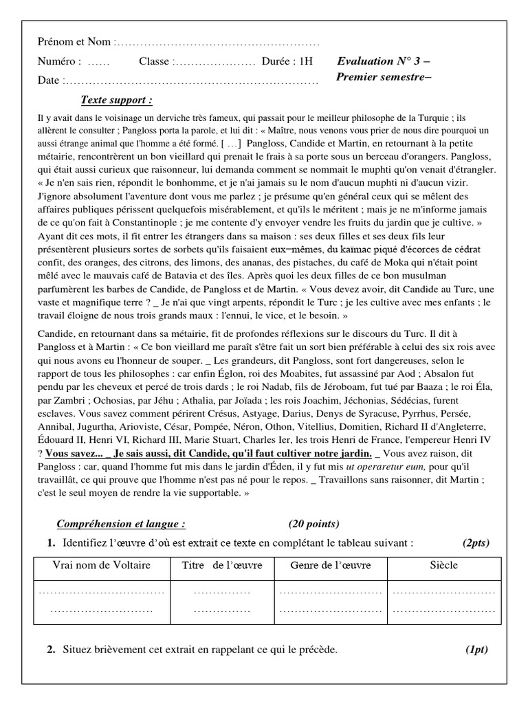 Contrôle de lecture : Candide corrigé | PDF | Candide