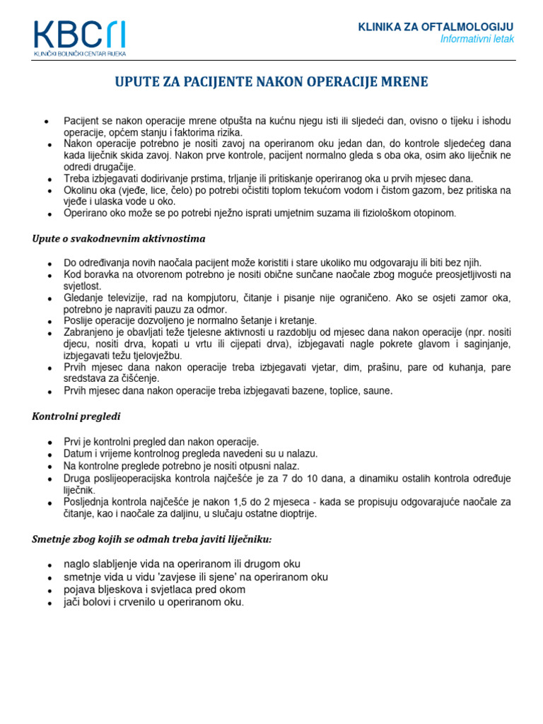 Upute Za Pacijente Nakon Operacije Mrene | PDF