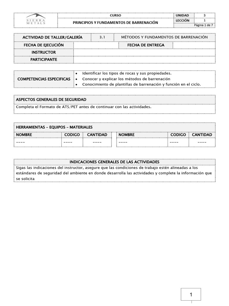 UNIDAD 3 - Taller 1 - Principios y Fundamentos de Barrenación | PDF ...