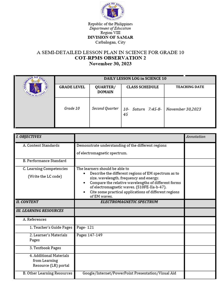 Science 10 Lesson Plan | PDF | Electromagnetic Spectrum ...