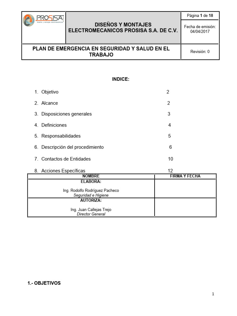 Plan de Emergencia Prosisa Orig. | PDF | Primeros auxilios | Emergencia