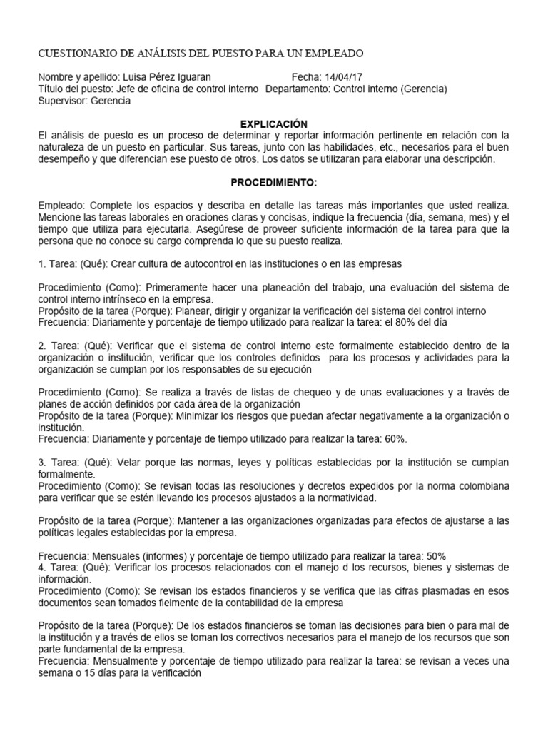 Cuestionario de Análisis Del Puesto para Un Empleado | Descargar gratis ...