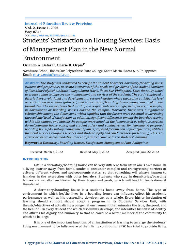 Students' Satisfaction On Housing Services Basis of Management Plan in ...
