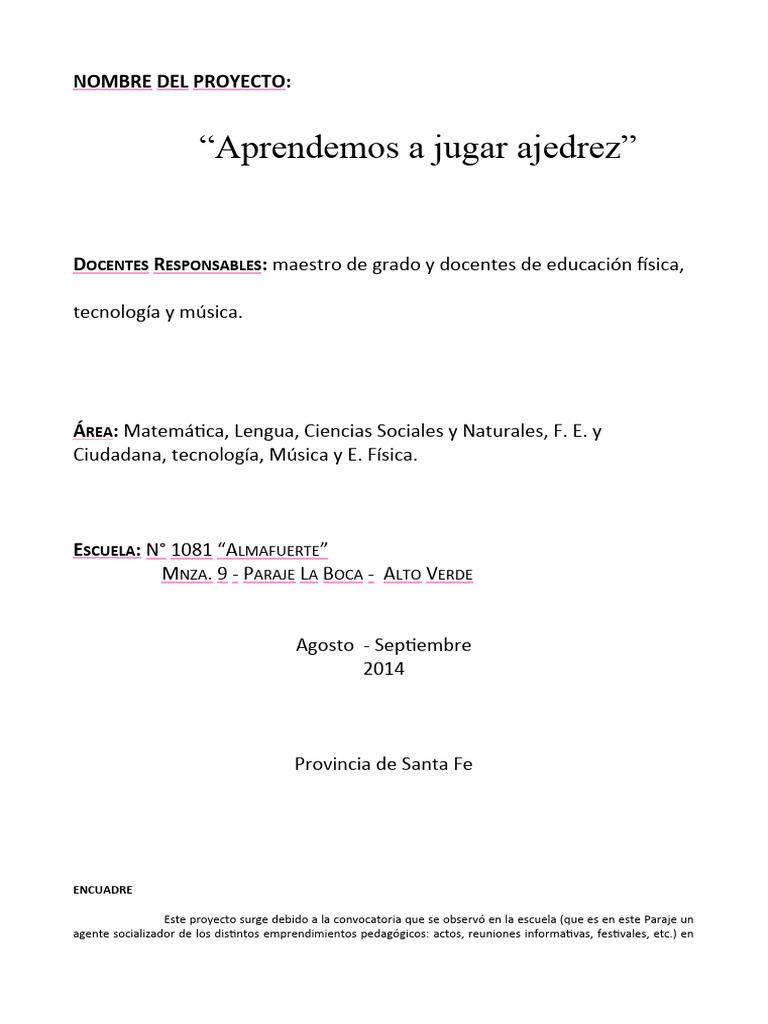 Proyecto Aprend. Jugar Ajedrez | PDF | Ajedrez | Enseñando