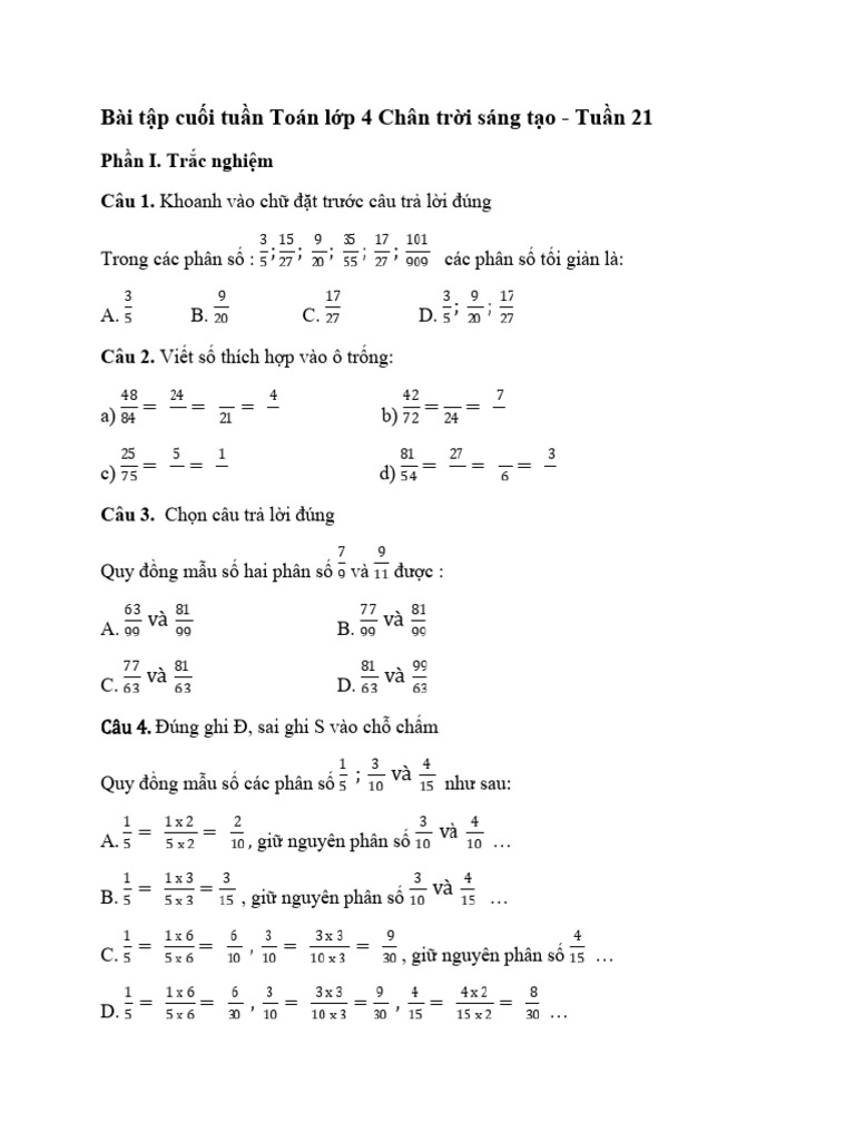 Bai Tap Toan Cuoi Tuan Lop 4 Tuan 21 CTST | PDF