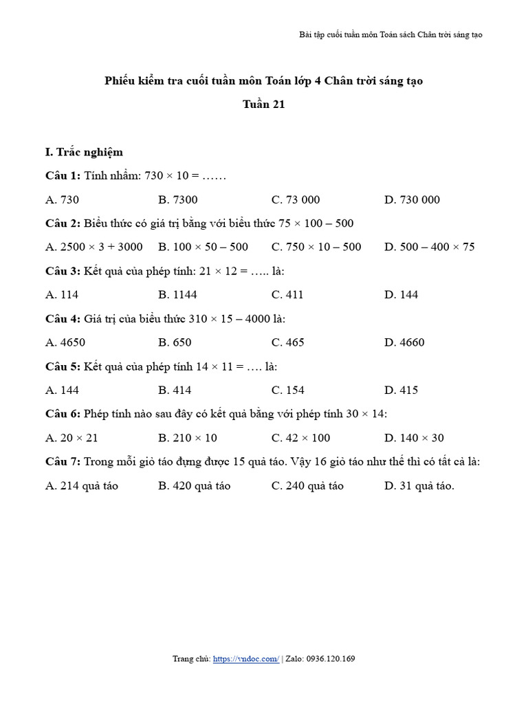 Phieu Kiem Tra Cuoi Tuan 21 Mon Toan Lop 4 CTST | PDF