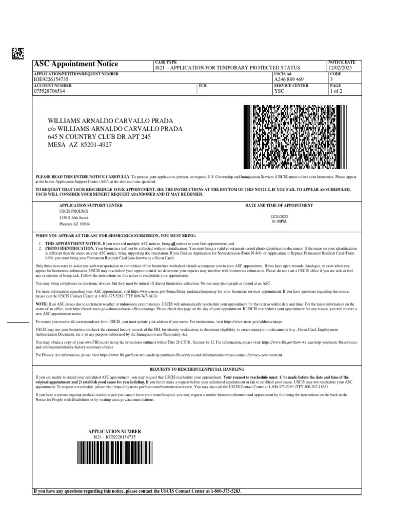 USCIS Biometrics Appointment Notice | PDF | United States Citizenship ...