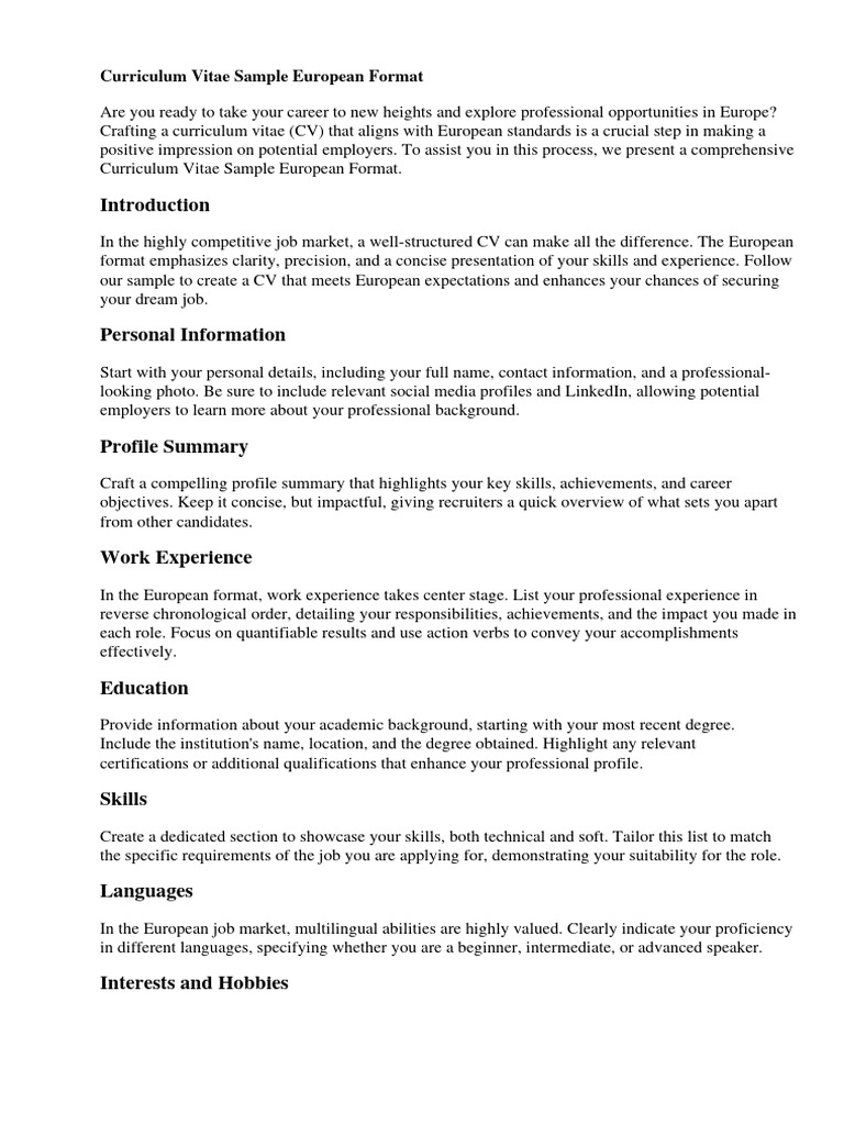 Curriculum Vitae Sample European Format | PDF | Résumé