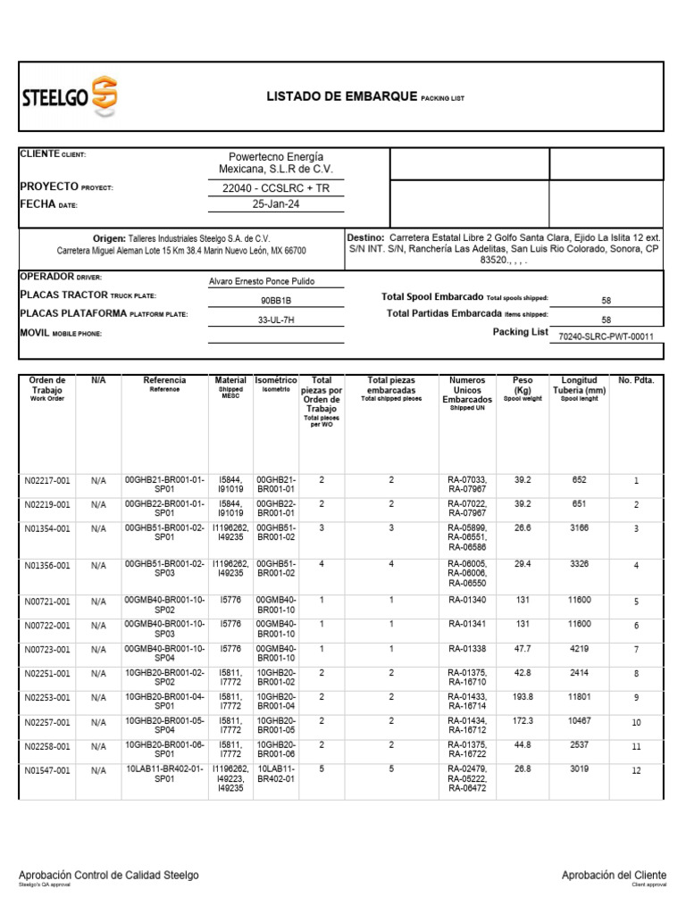 Lista de Embarque Steelgo 2024 | PDF