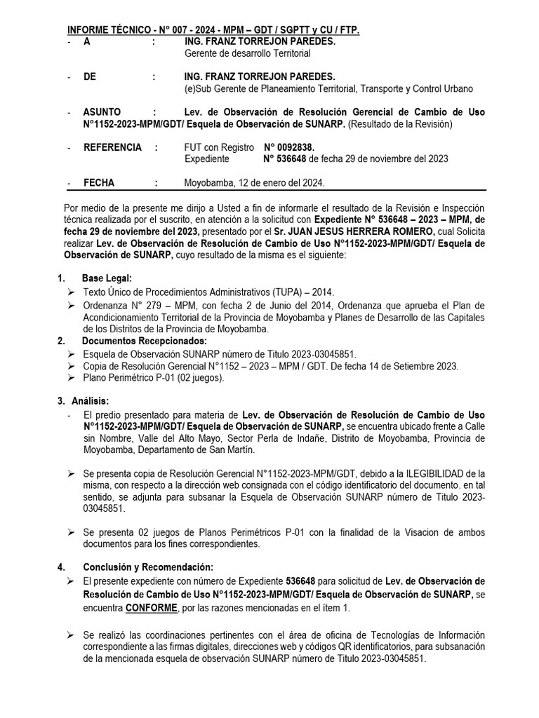 INF. T. #007 - 2024 - 440363 - JUAN JESUS HERRERA ROMERO - Lev OB SUNARP | PDF