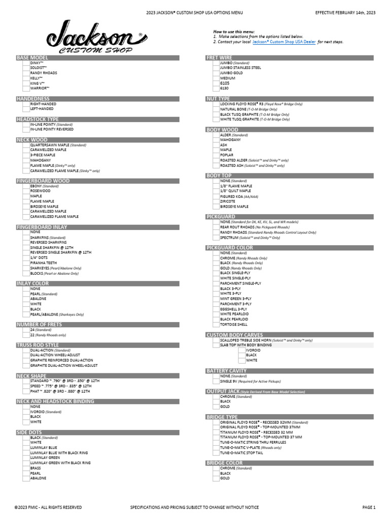 2023 Jackson Custom Shop USA Options Menu | PDF | Guitars | Guitar ...