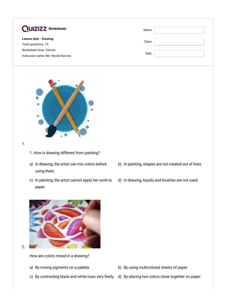 Drawing Quiz Worksheet for Students | PDF | Drawing | Paintings