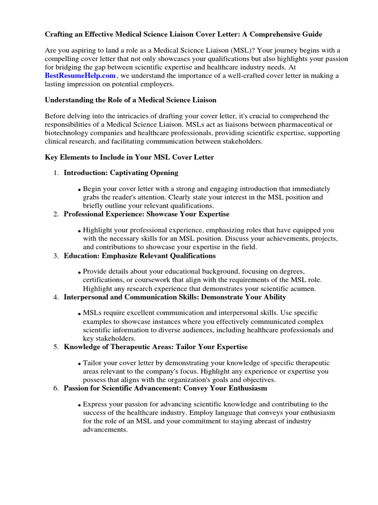 Medical Science Liaison Cover Letter Example | Download Free PDF ...