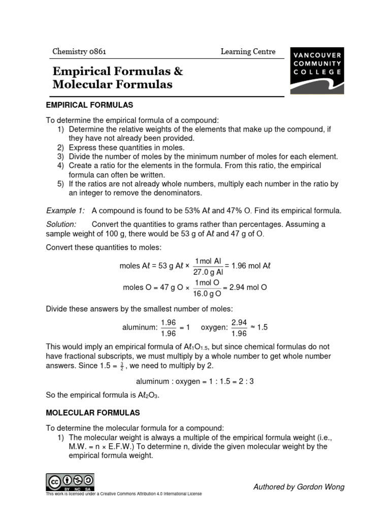 Chem0861 EmpiricalFormulasAndMolecularFormulas | PDF | Mole (Unit) | Ratio