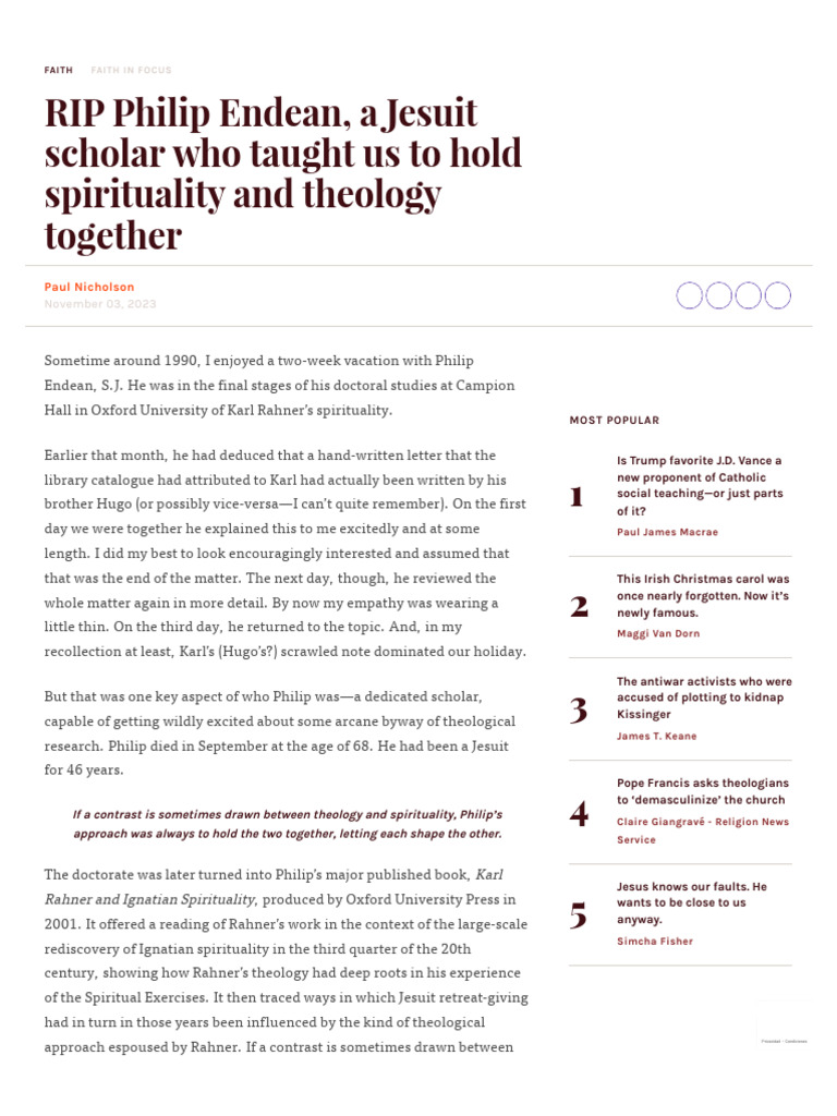 RIP Philip Endean, A Jesuit Scholar Who Taught Us To Hold Spirituality ...