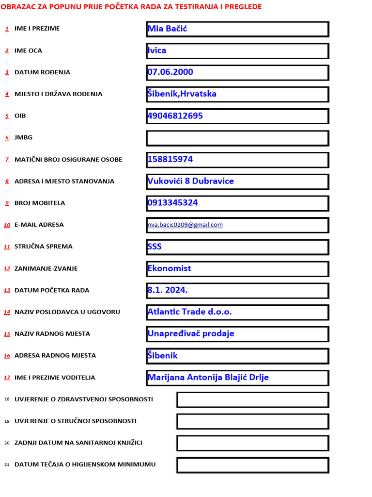 Obrazac Za Djelatnike Prije Početka Rada 2 | PDF