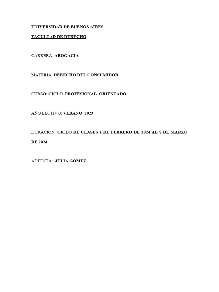 Programa de Derecho Del Consumidor Uba Derecho Verano 2024 | PDF ...