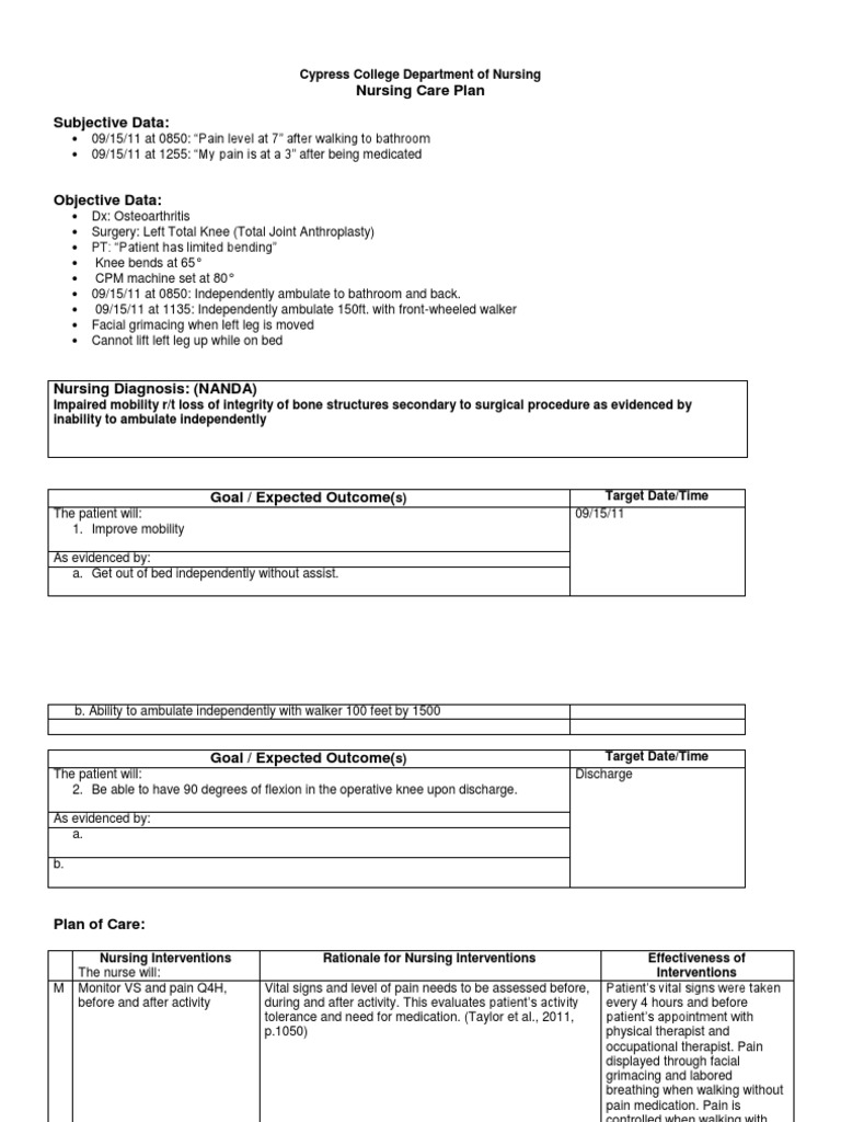 Nursing Care Plan Mobility Sample | PDF | Surgery | Nursing