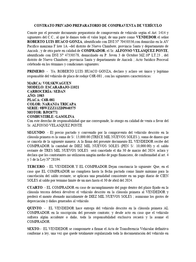 Contrato Privado Preparatorio de Compraventa de Vehículo | PDF | Justicia | Crimen y violencia
