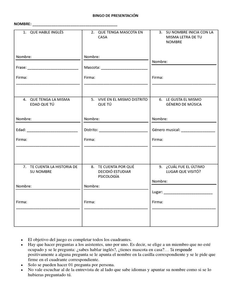 Bingo de Presentación Dinámico | PDF | Artes del Lenguaje y Comunicación