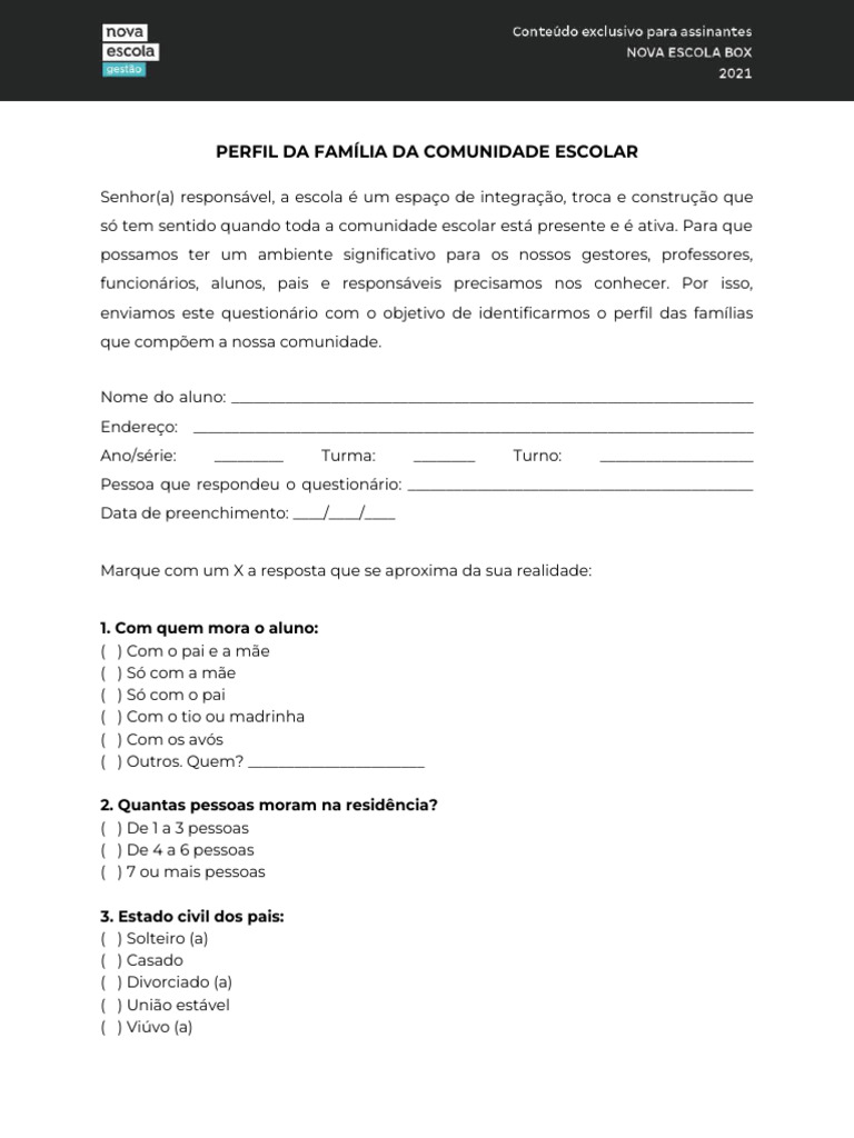 NOVA ESCOLA BOX - Modelo de Questionário para Mapear Perfil Das ...