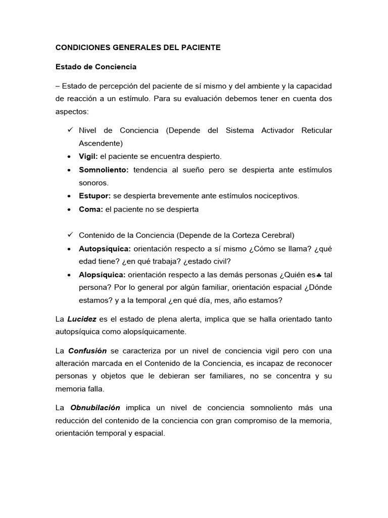 CONDICIONES GENERALES DEL PACIENTE (Seminario) | PDF | Memoria | Causas ...