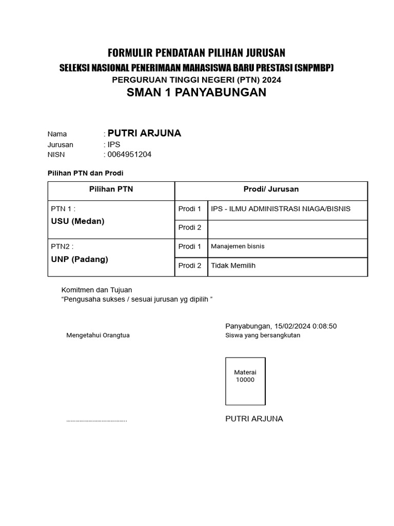 Formulir Pilihan Jurusan PTN 2024 | PDF