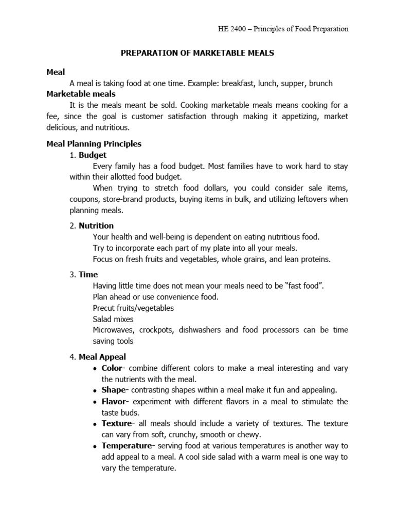 Marketable Meal Preparation Guide | PDF | Meal | Menu