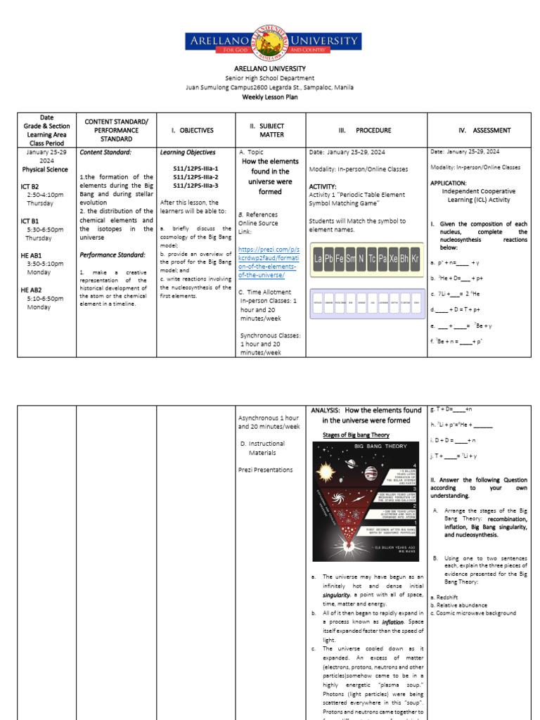 2 Lesson Plan Physical Science | PDF | Atoms | Universe