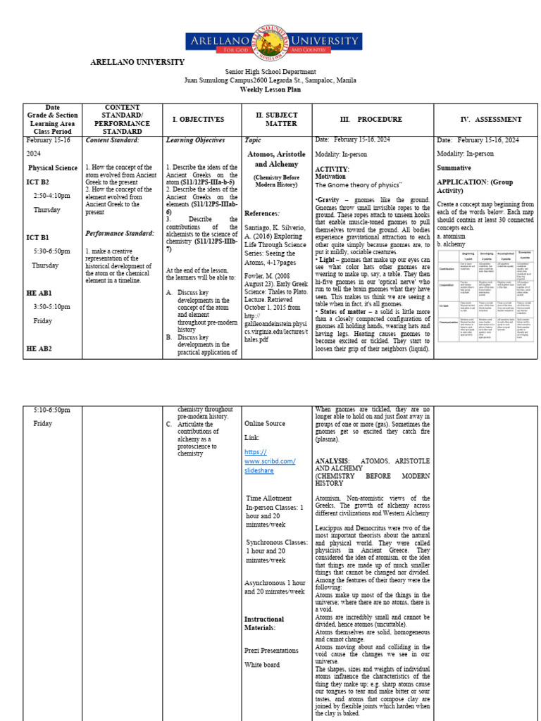2 Lesson Plan Physical Science | Download Free PDF | Alchemy | Matter