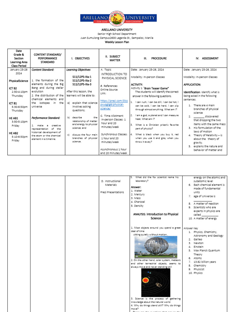 Weekly Physical Science Lesson Plan | PDF | Physics | Gravity