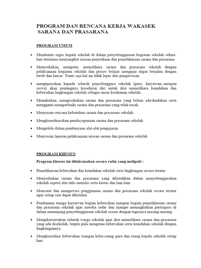 Program Dan Rencana Kerja Wakasek Sarana Dan Prasarana | PDF