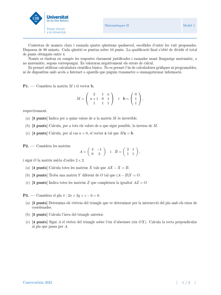 Enunciat MATEMATIQUESII JUNY 2023 | PDF