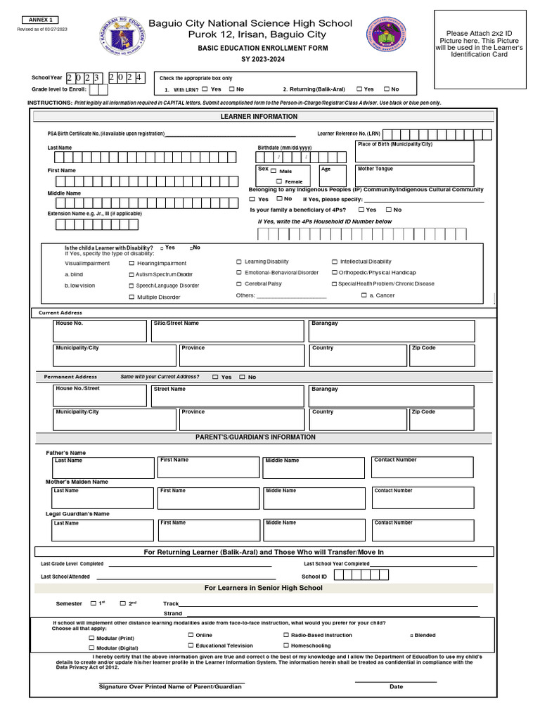 Basic Education Enrollment Form - Revised 3 2023 | Download Free PDF ...
