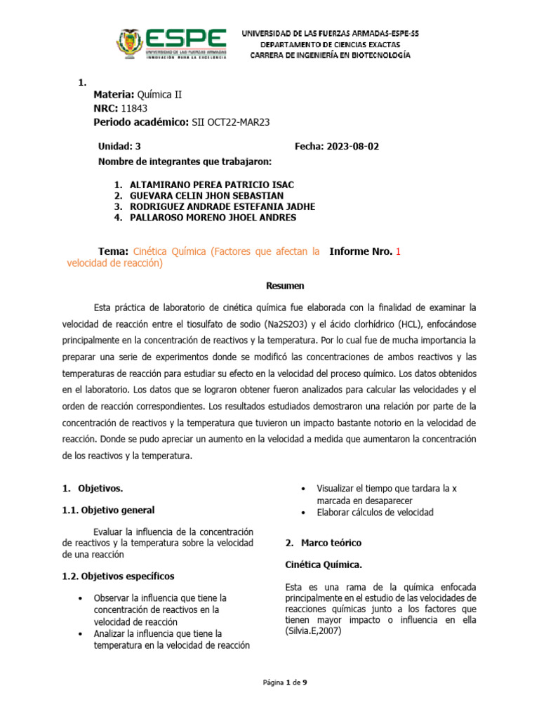 Informe de Laboratorio N°3 | PDF | Cinética química | Reacciones químicas