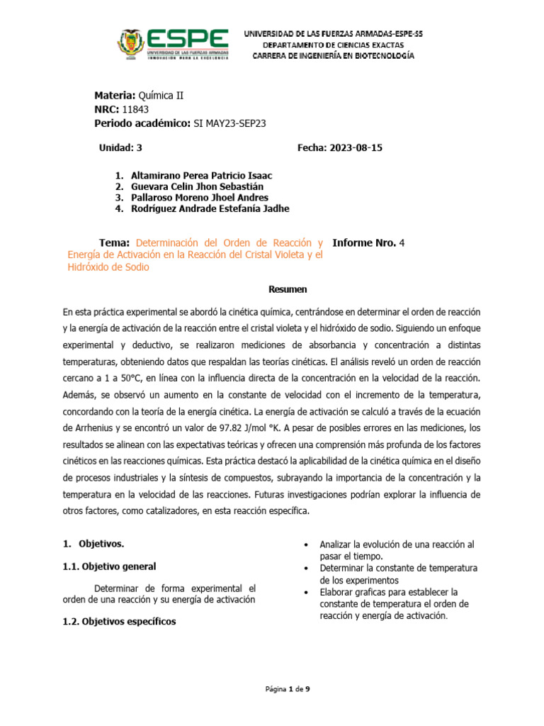 Informe de Laboratorio #4 | PDF | Cinética química | Reacciones químicas