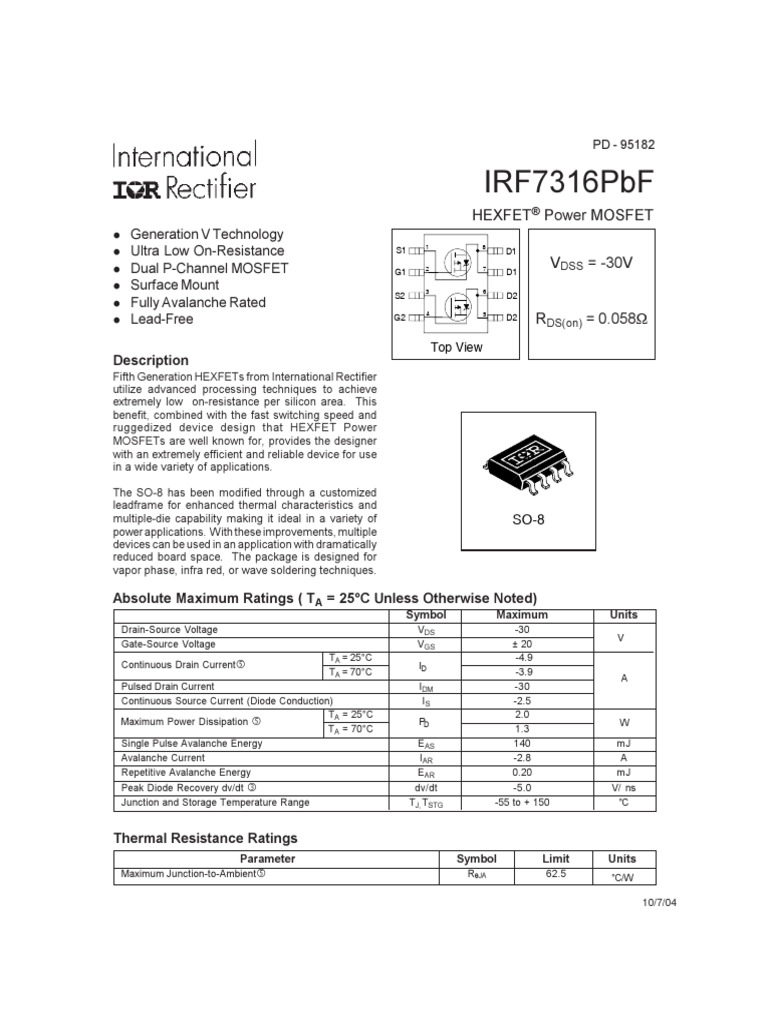 Integrado So8 IRF7316PbF | PDF | Field Effect Transistor | Mosfet