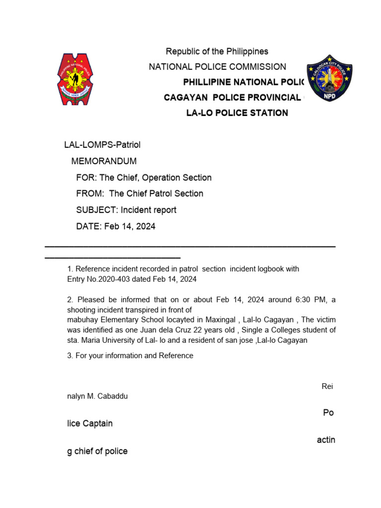 Lal-Lo Police Shooting Incident Report | PDF