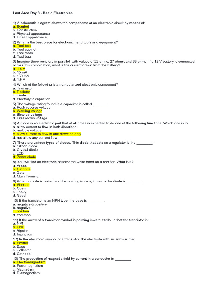 Basic Electronics Quiz Questions | PDF | Rectifier | Electrical Network