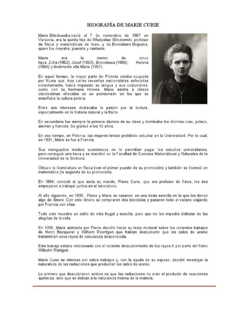 BIOGRAFIA Marie Curie | PDF | Marie Curie | Ciencias fisicas