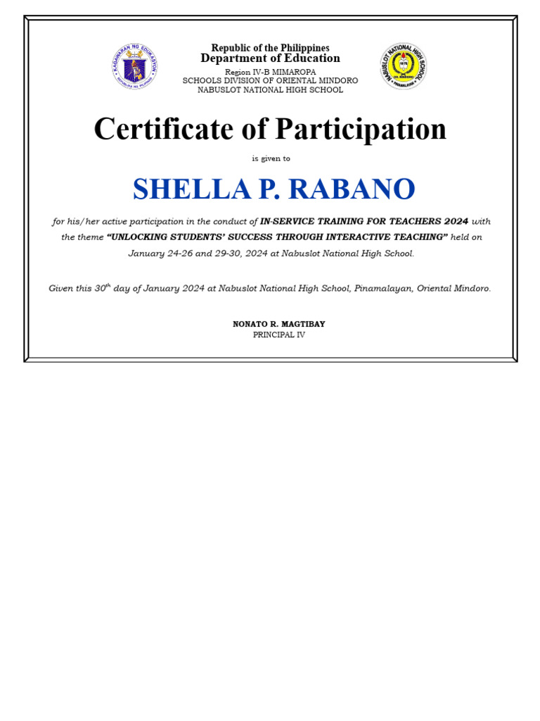 Dmos Cert of Participation Inset 2024 | PDF