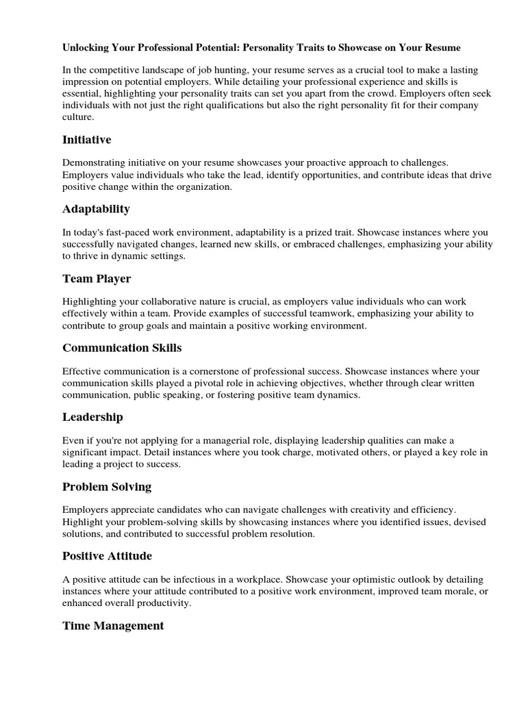 Personality Traits To Put On A Resume | PDF | Résumé | Leadership