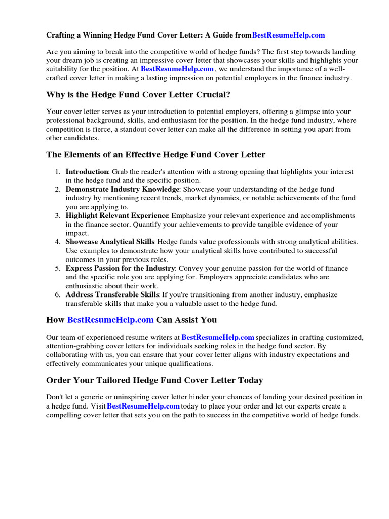 Hedge Fund Cover Letter Example | PDF | Résumé | Financial Analyst