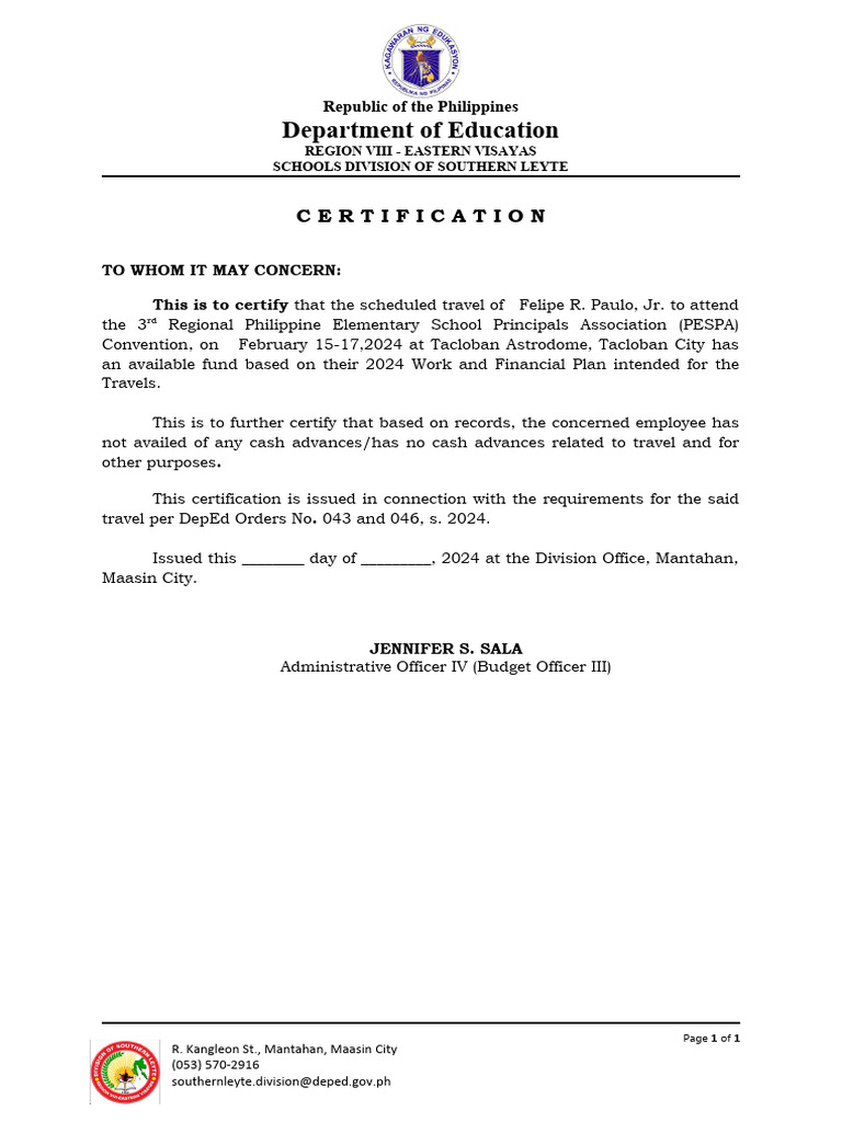 Sample Certification From The Budget Officer | PDF