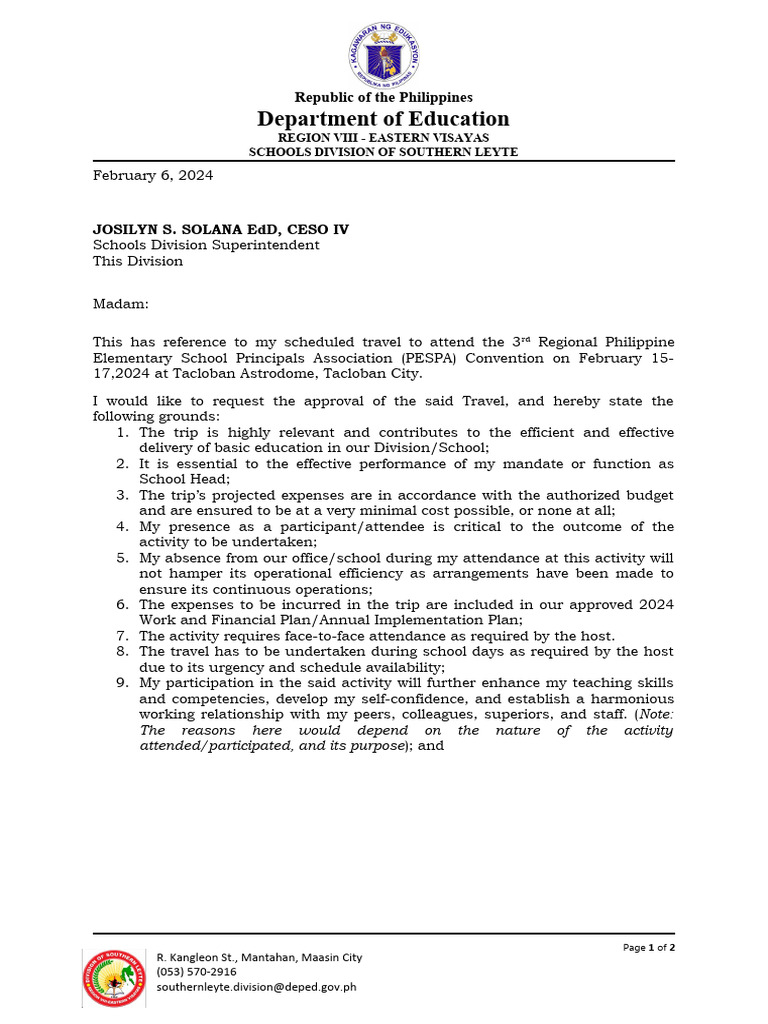 Sample Justification For Travel For Teachers | PDF