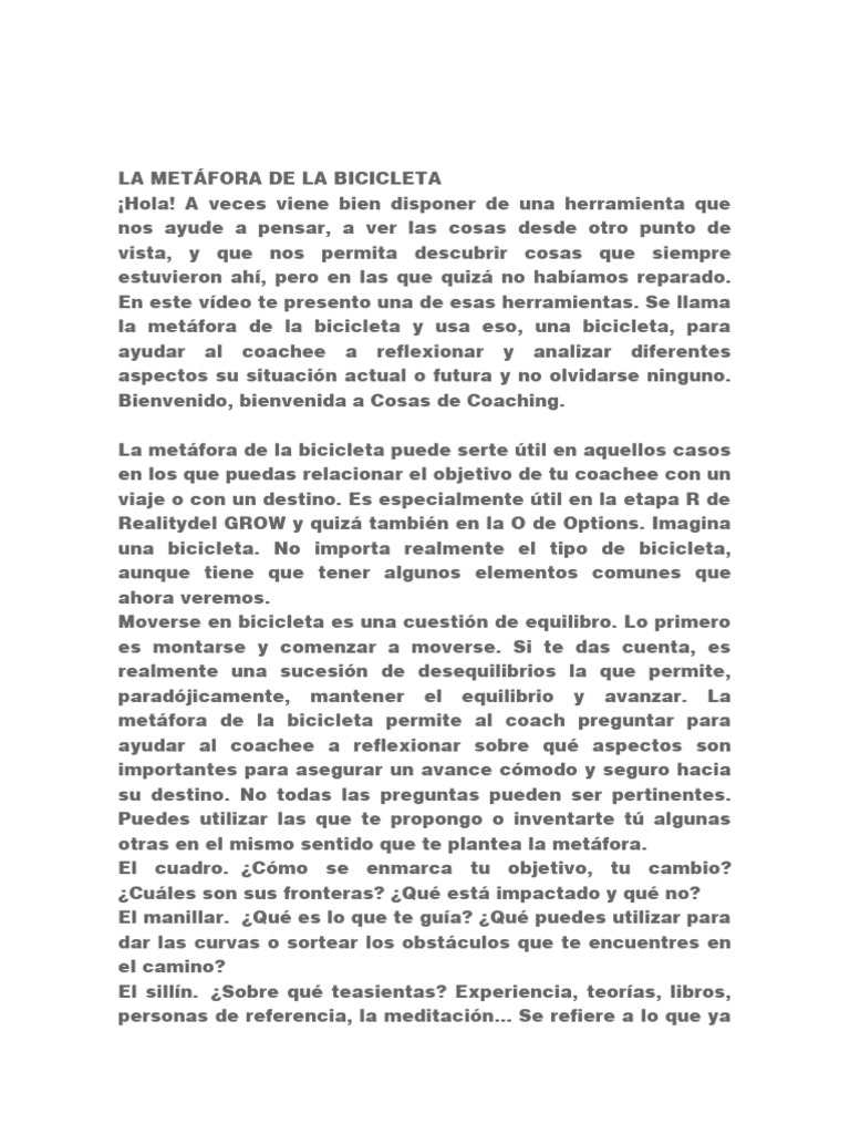 La Bicicleta Como Metáfora De Coaching Pdf Aprendizaje Conocimiento