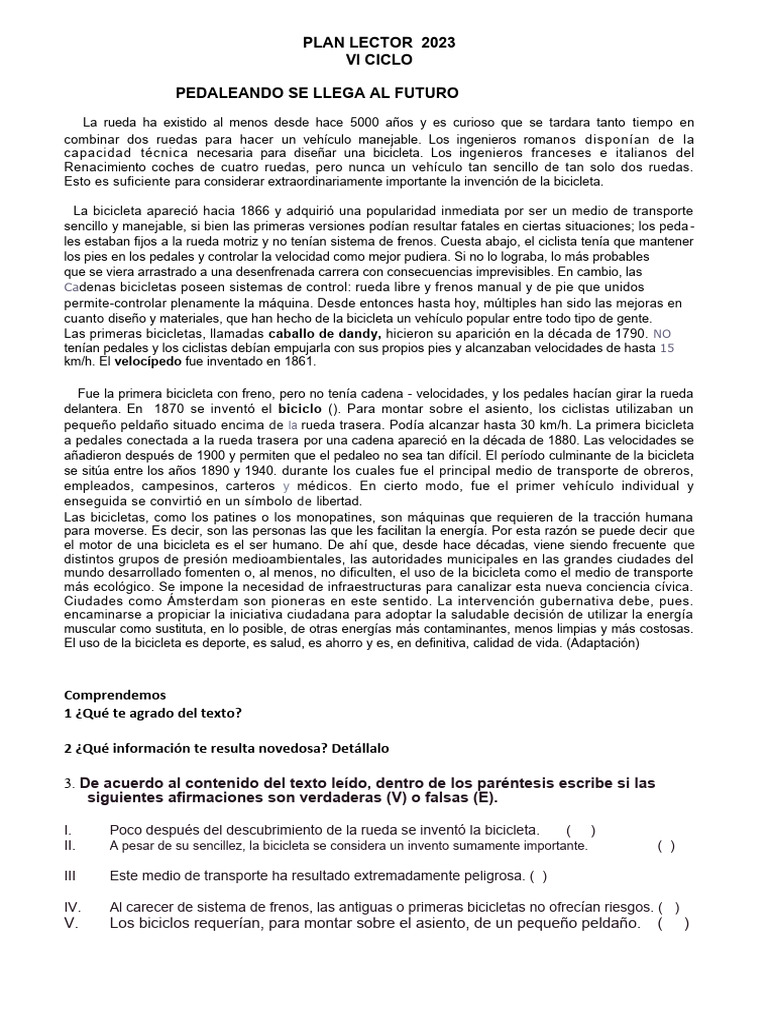 Plan Lector 2 - VI Ciclo | PDF | Transporte | Vehículos