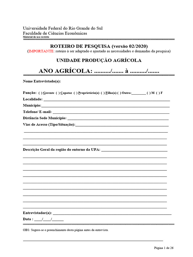 Roteiro de Entrevista Geral Versao 2022 | PDF | Agricultura | Contabilidade